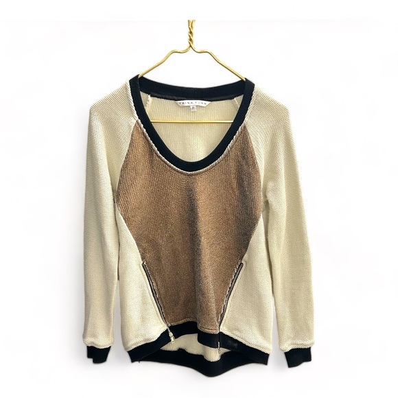 Trina Turk | Sweaters | Trina Turk Metallic Knit Gold And Creamer Crew ...
